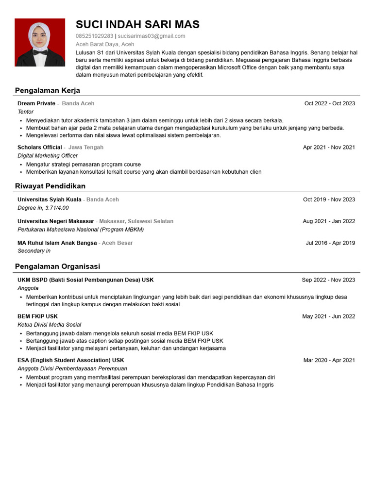 CV-Suci Indah Sari Mas | PDF | Karier & Perkembangan | Ilmu Sosial