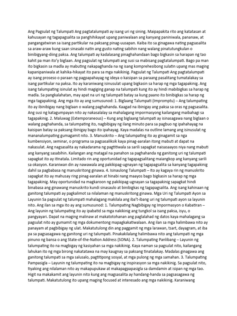 Ang Pagsulat NG Talumpati Ang Pagtatalumpati Ay Isang Uri NG Sining | PDF
