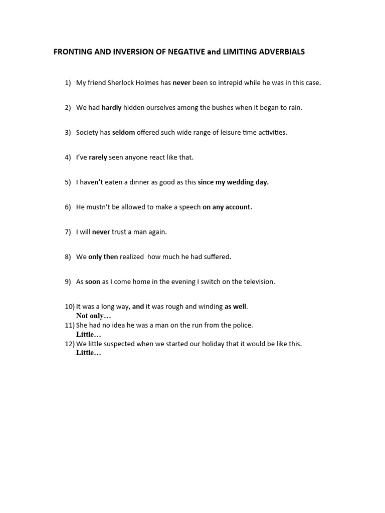 Fronting and Inversion of Negative and Limiting Adverbials - Exercise | PDF Fronting and Inversion of Negative and Limiting Adverbials - Exercise | PDF