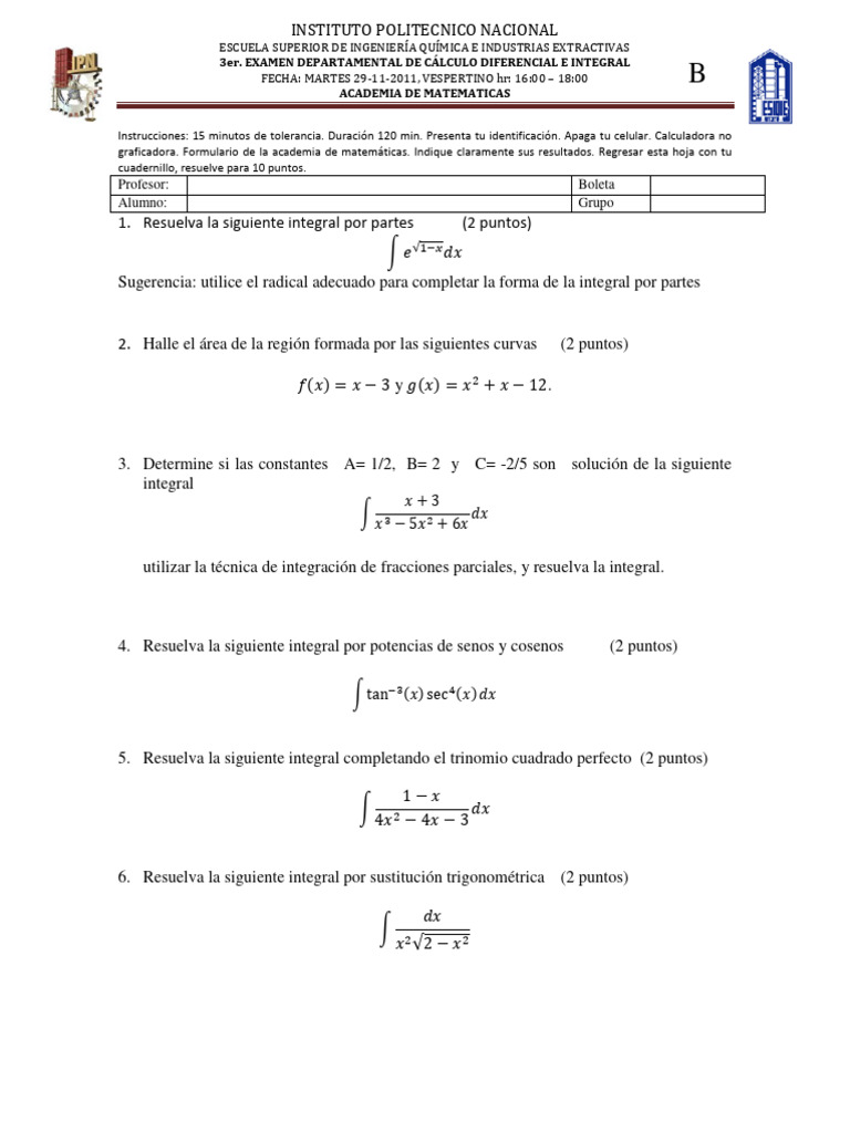 Examen Cálculo Diferencial e Integral ESIQIE 2011 | PDF Examen Cálculo Diferencial e Integral ESIQIE 2011 | PDF