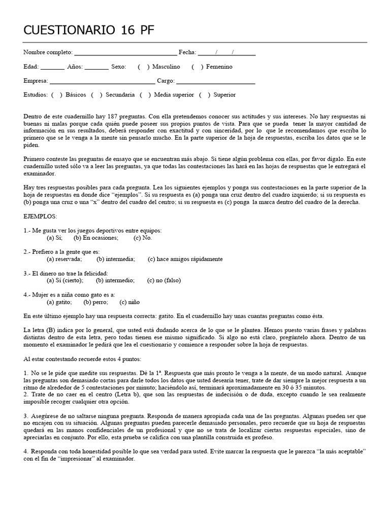 Test 16 PF (Cuestionario) 1 | PDF | Cuestionario | Sicología