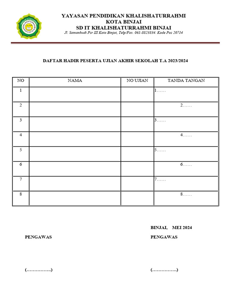 Daftar Hadir Peserta Ujian Akhir Sekolah Ta 2023-2024 | PDF