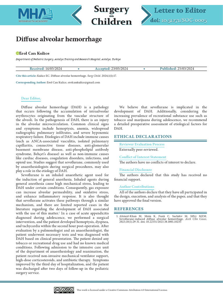 Diffuse alveolar hemorrhage | PDF | Anesthesia | Surgery