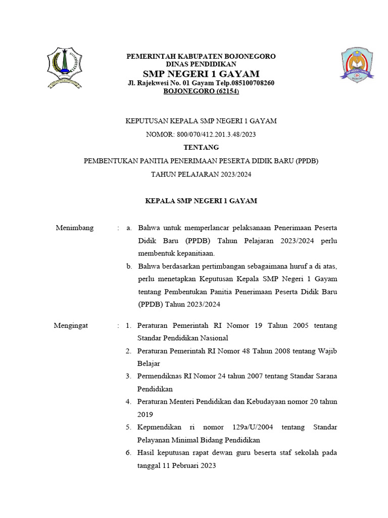 SK Panitia PPDB 2023-2024 | PDF