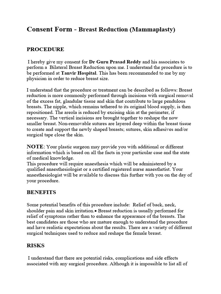 Breast Reduction - Consent for Surgery | Download Free PDF | Surgery ...