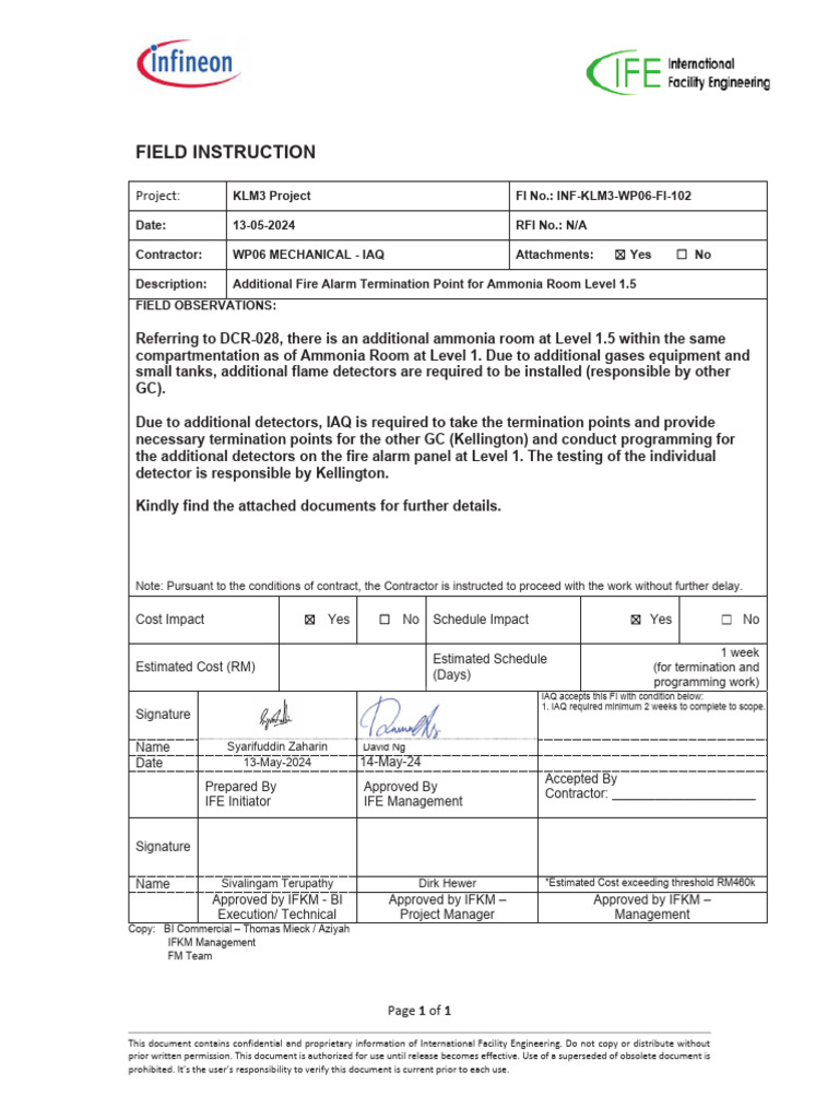 Field Instruction: IAQ Accepts This FI With Condition Below: 1. IAQ Required Minimum 2 Weeks To ...
