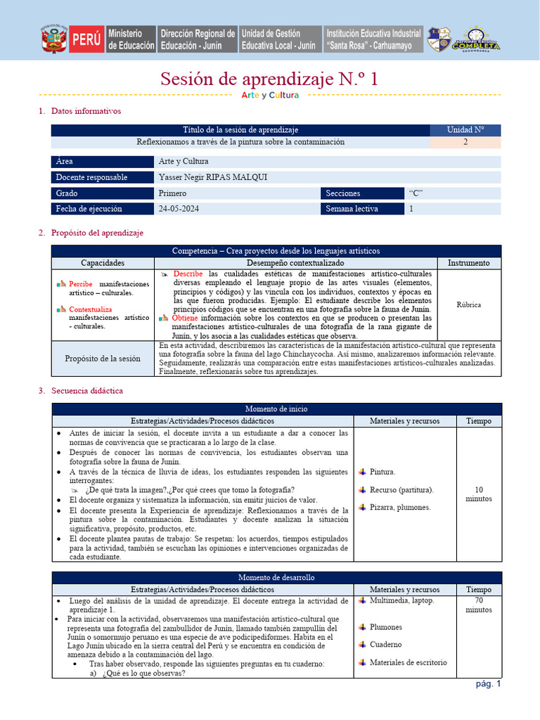 Sesión de Aprendizaje 1 - 1° | PDF | Aprendizaje | Cognición