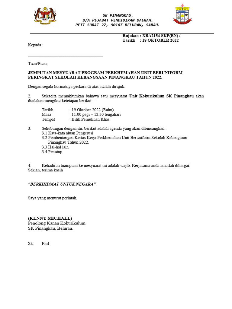SURAT JEMPUTAN MESYUARAT PERKHEMAHAN | PDF