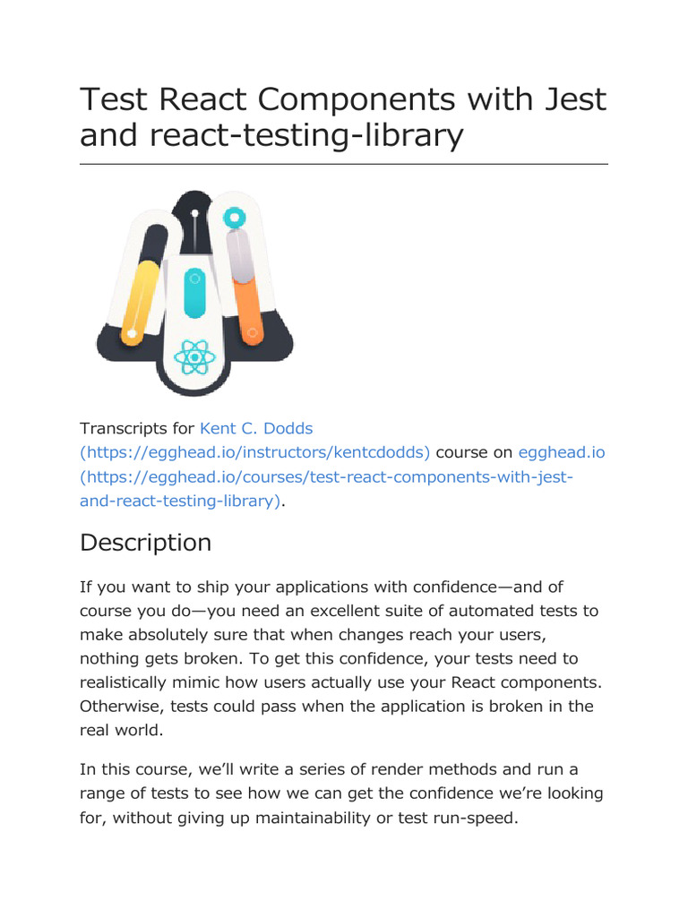 Test React Components With Jest and React Testing Library | PDF ...
