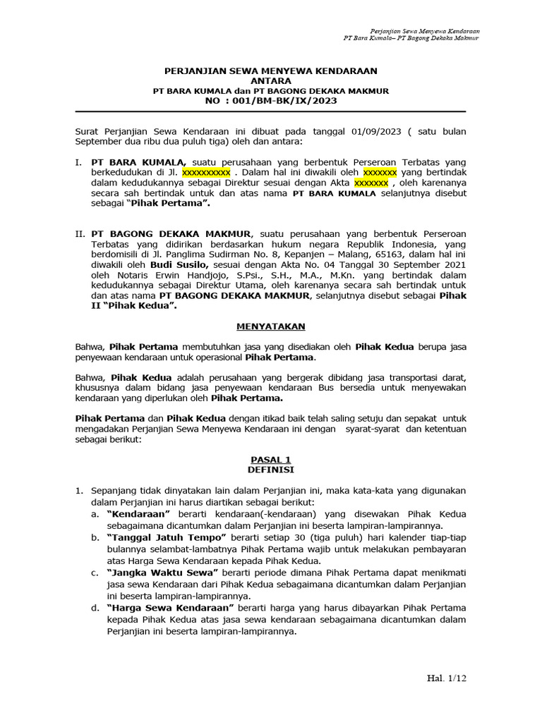 Perjanjian Kerjasama Rental Bus Dengan PT Bara Kumala | PDF