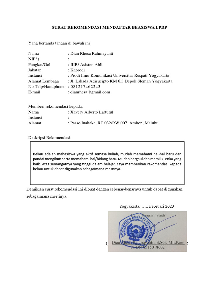 Surat Rekomendasi Mendaftar Beasiswa LPDP | PDF