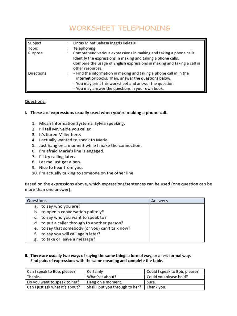 Worksheet Telephoning | PDF | Telephone Call | Telephone