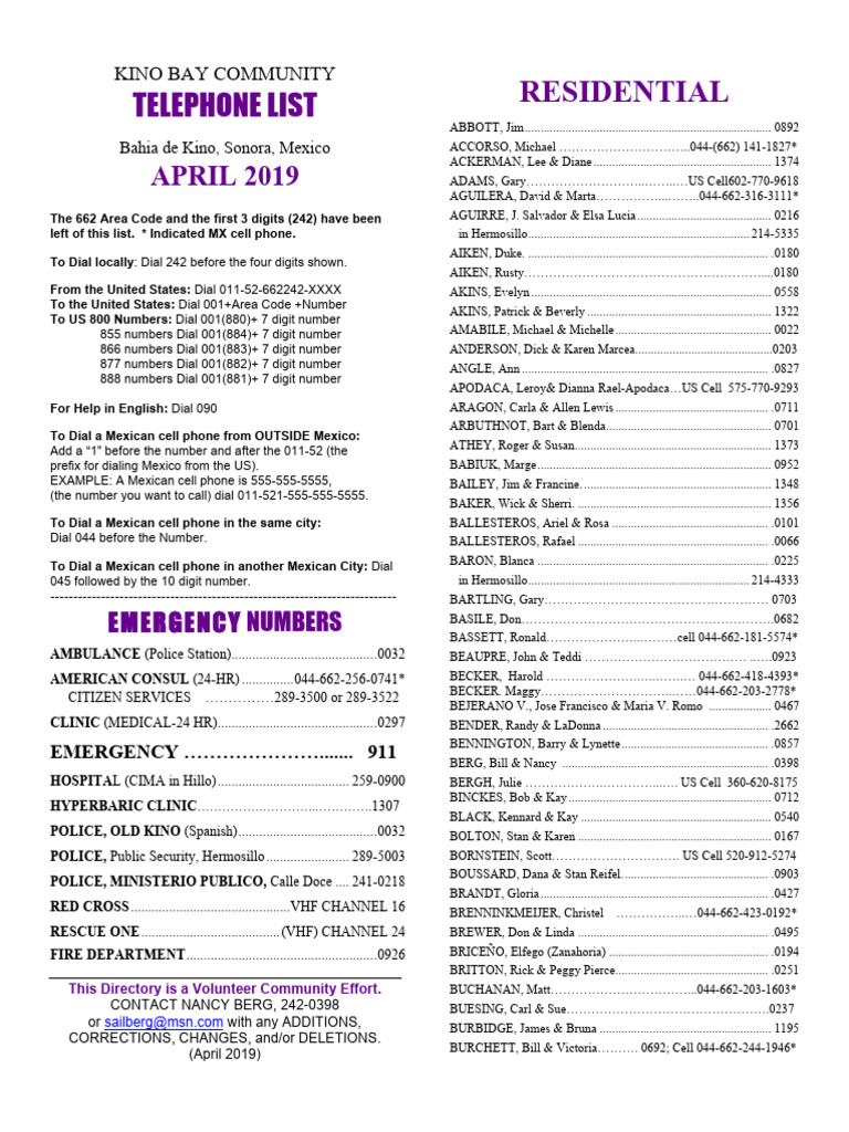 Kino Bay Community Phone Directory | PDF | Telephony | Telecommunications