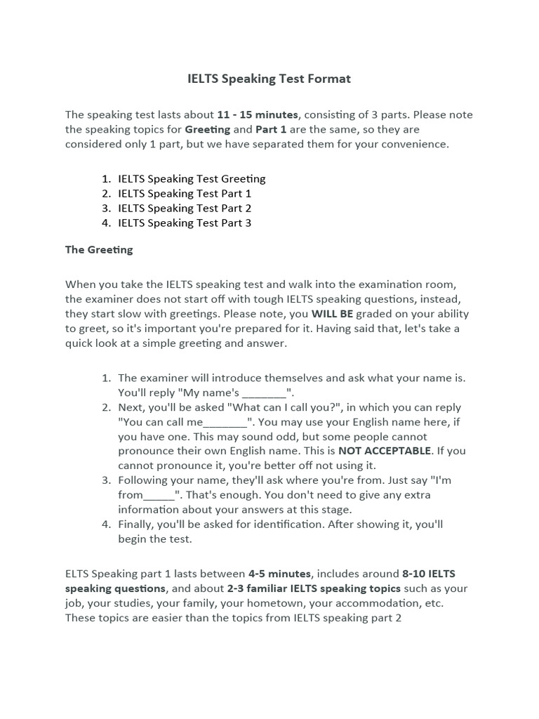 IELTS Speaking Test Format | Download Free PDF | International English ...
