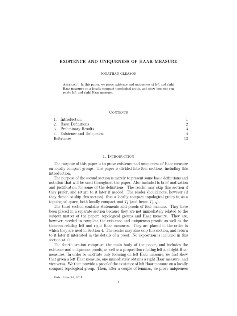 Existence and Uniqueness of Haar Measure | PDF | Compact Space ...
