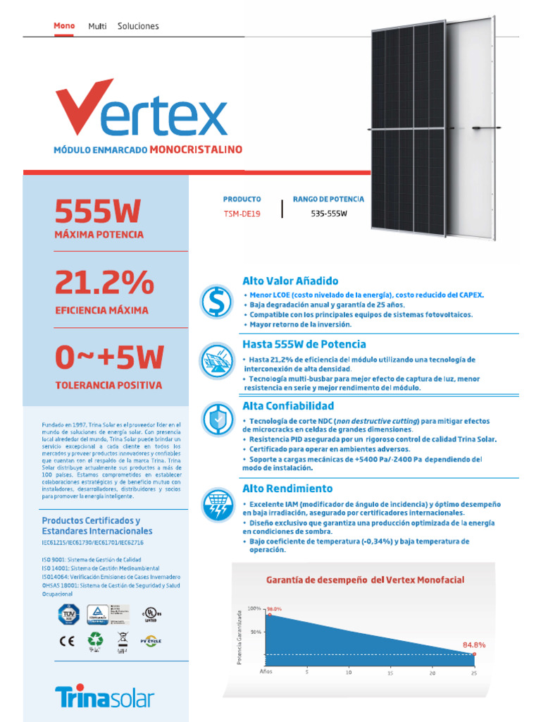 Módulo Fotovoltaico Trina Solar (550W TSM-DE19) | PDF