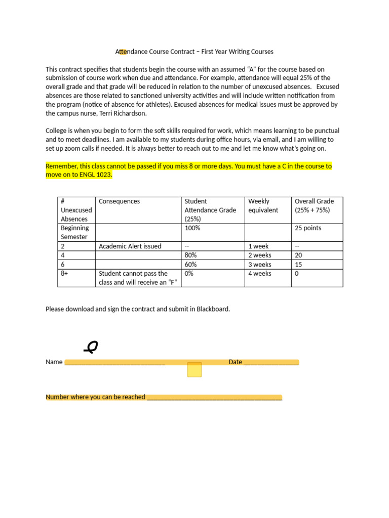 Attendance Course Contract - First Year Writing Courses - Tagged | PDF
