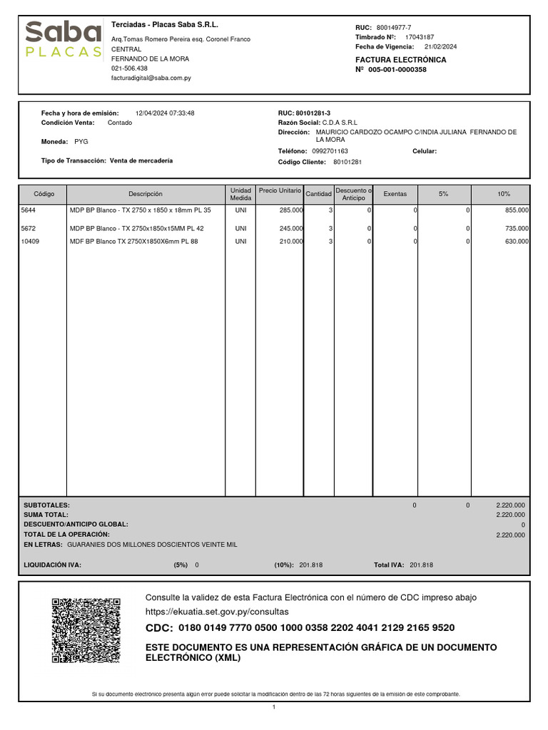 Factura Electrónica 005 001 0000358 | PDF | Tecnología bancaria | Pagos