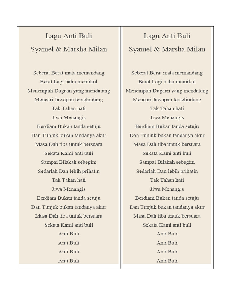 Lagu Anti Buli oleh Syamel & Marsha | PDF