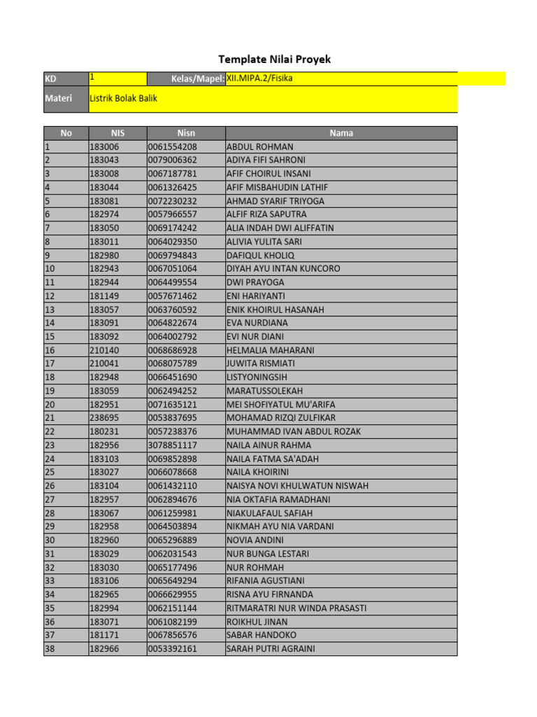 Template Nilai Proyek Fisika XII MIPA | PDF