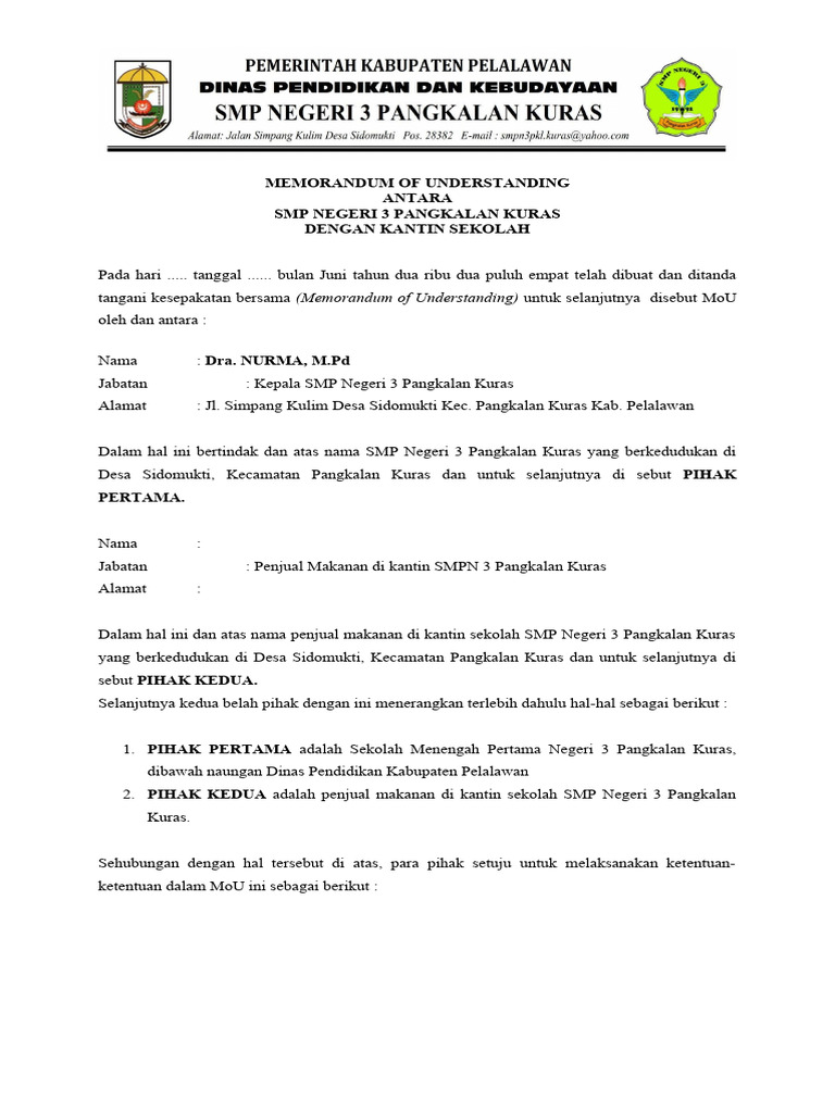 Mou Kantin SMPN 3 Pangkalan Kuras | PDF