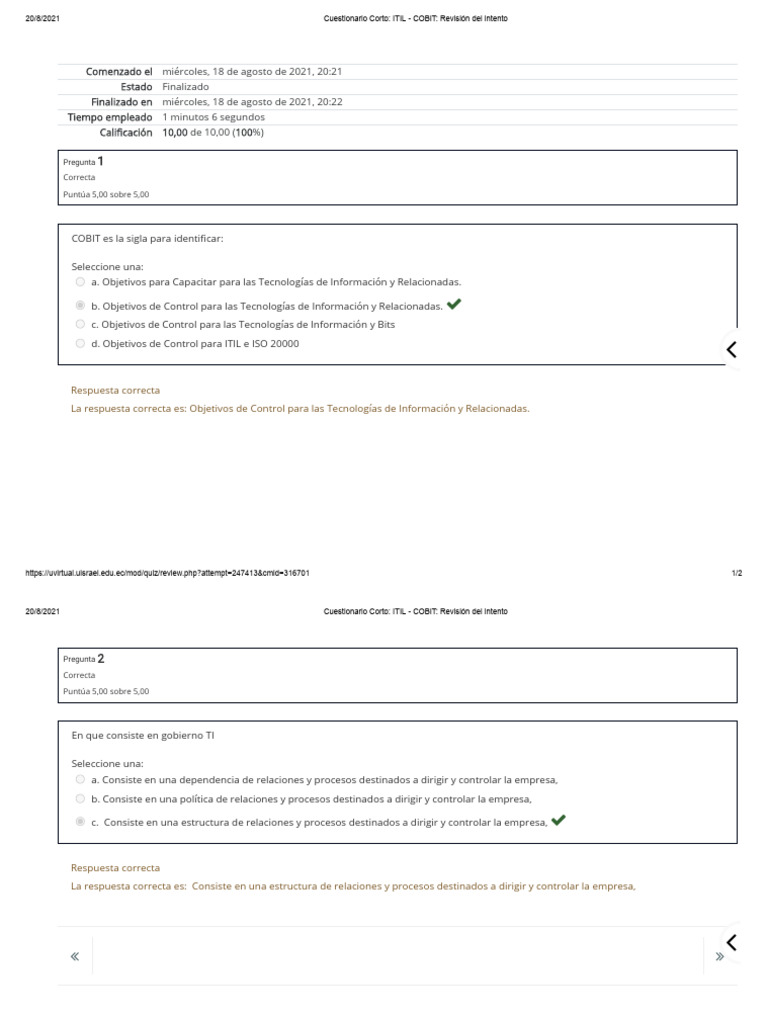 Cuestionario Corto_ ITIL - COBIT_ Revisión del intento | PDF | Cobit | Itil Cuestionario Corto_ ITIL - COBIT_ Revisión del intento | PDF | Cobit | Itil