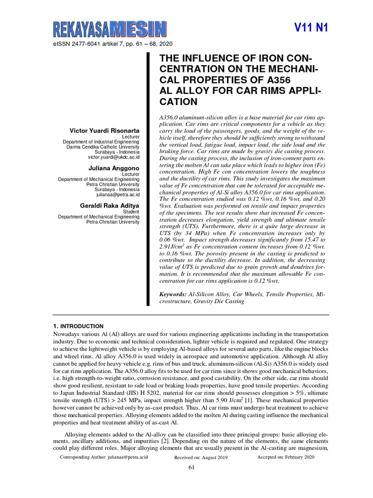 THE INFLUENCE OF IRON CONCENTRATION ON THE MECHANICAL PROPERTIES OF A356 AL ALLOY FOR CAR RIMS ...
