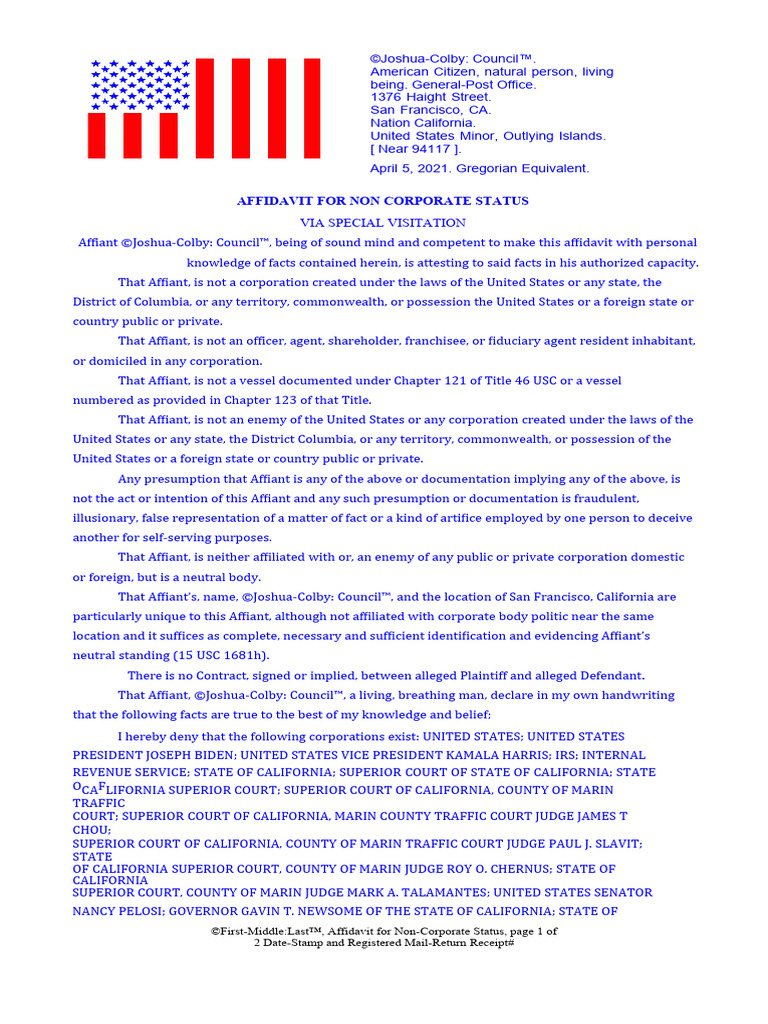 Affidavit of Non-Corporate Status | PDF | Affidavit | Common Law