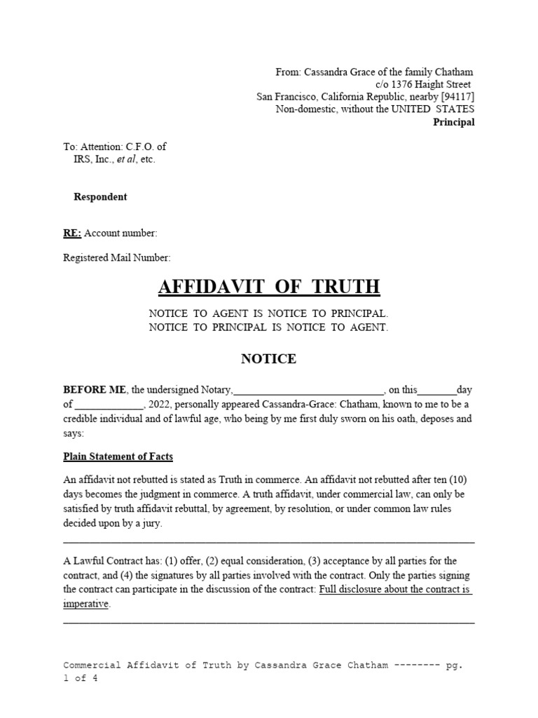 AFFIDAVITOFTRUTHcassieIRS | Download Free PDF | Affidavit | Common Law