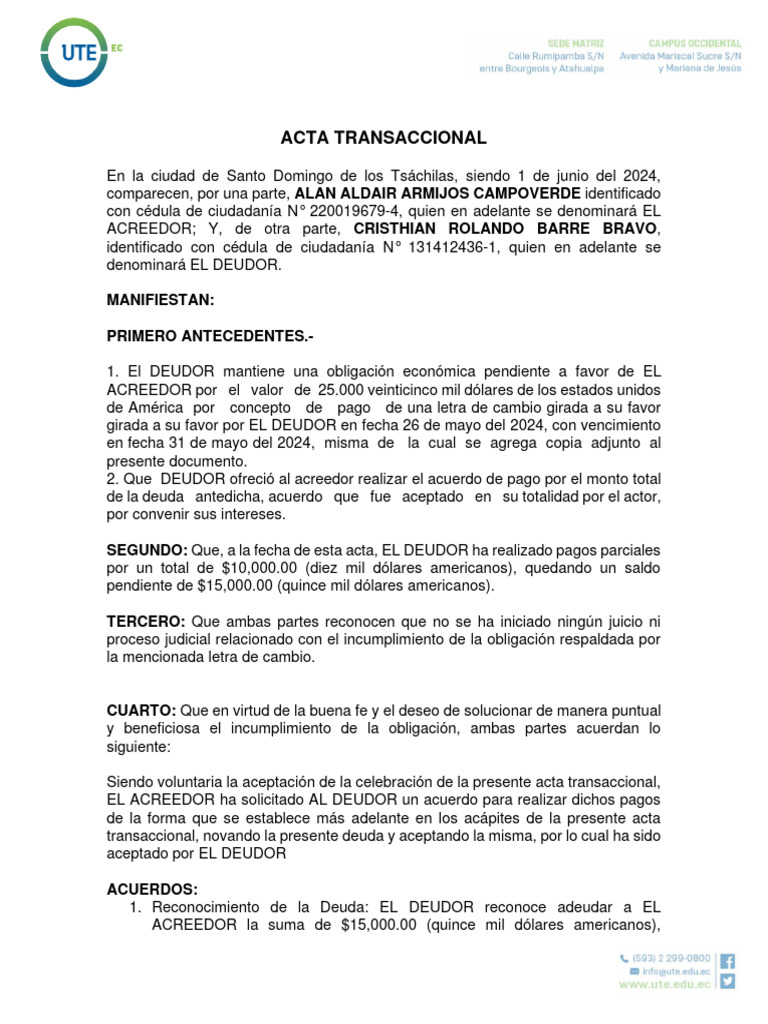 Acta Transaccional Sin Juicio | PDF | Pagos | Pagaré