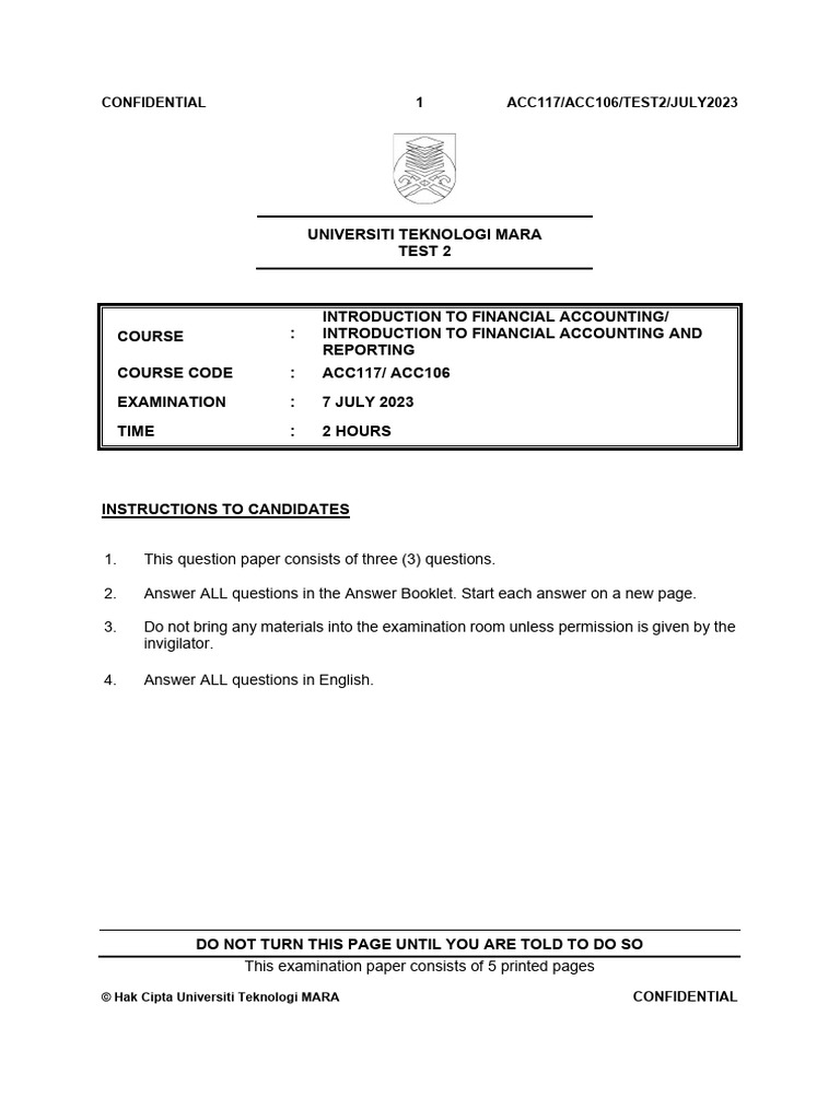 July2023 Acc117 Acc106 Test 2 Q | PDF | Banks | Debits And Credits