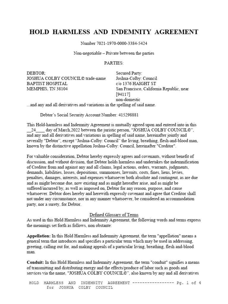 Hold Harmless and Indemnity Agreement | PDF | Indemnity | Legal Concepts