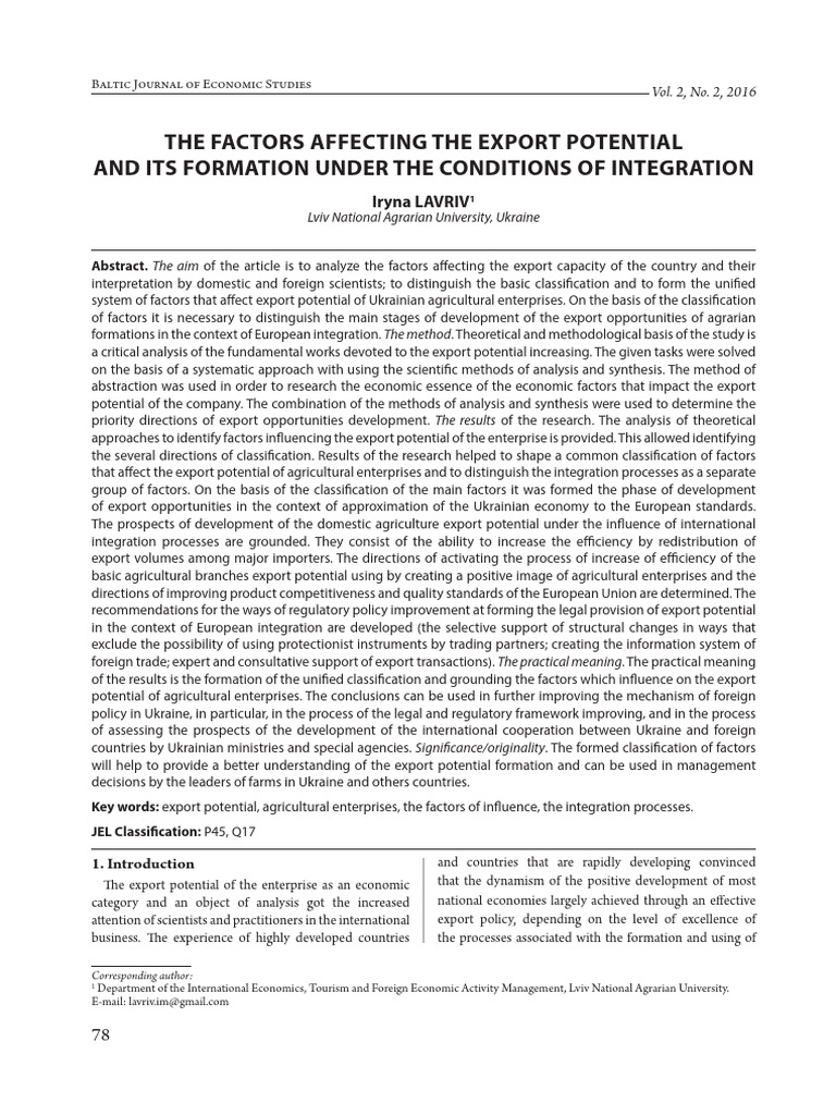 The Factors Affecting The Export Potential and Its Formation Under The ...