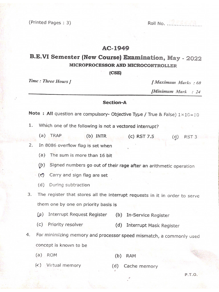Microprocessor & Microcontroller - 6 TH Sem - 2022 | PDF