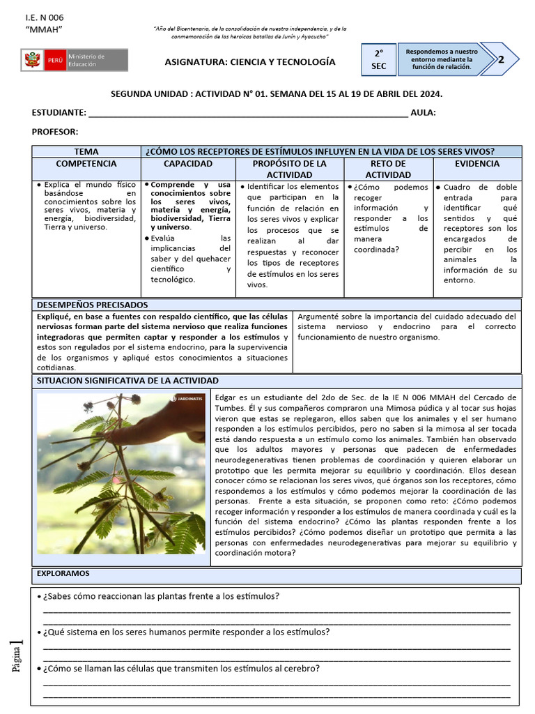 2°Sec - UNIDAD 2 - ACTIVIDAD 1 (CyT Explica 2024) - Cómo los receptores de estímulos influyen ...