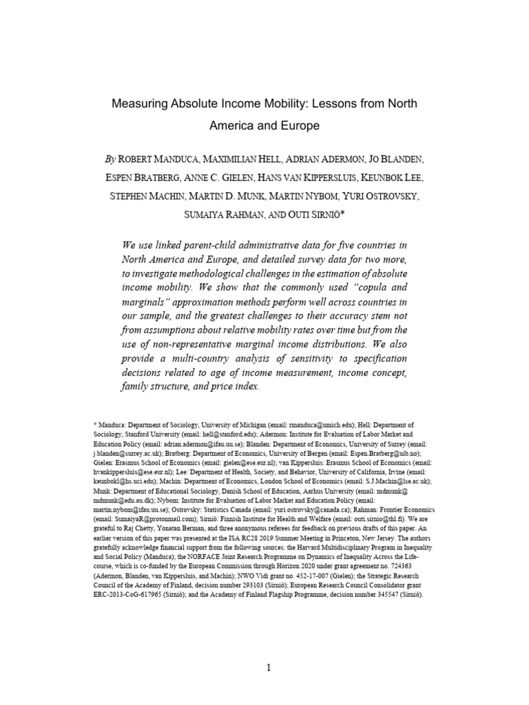 Measuring Absolute Income Mobility Lessons From North America and ...