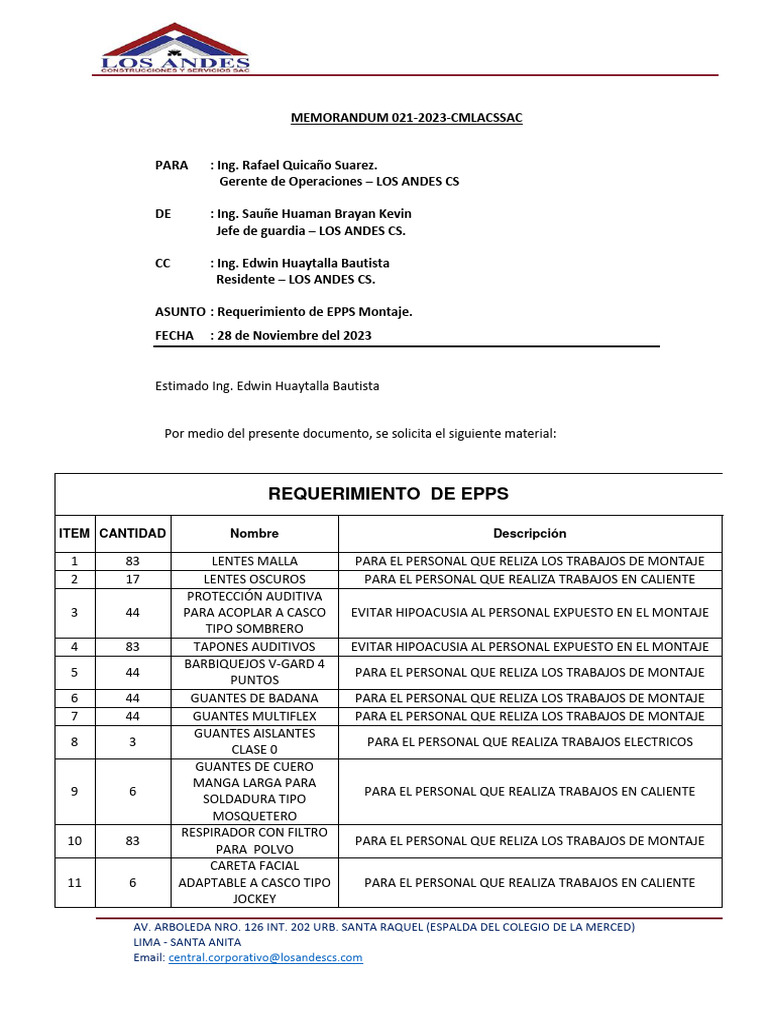Requerimiento de Epps Proyecto Pique Circular | PDF