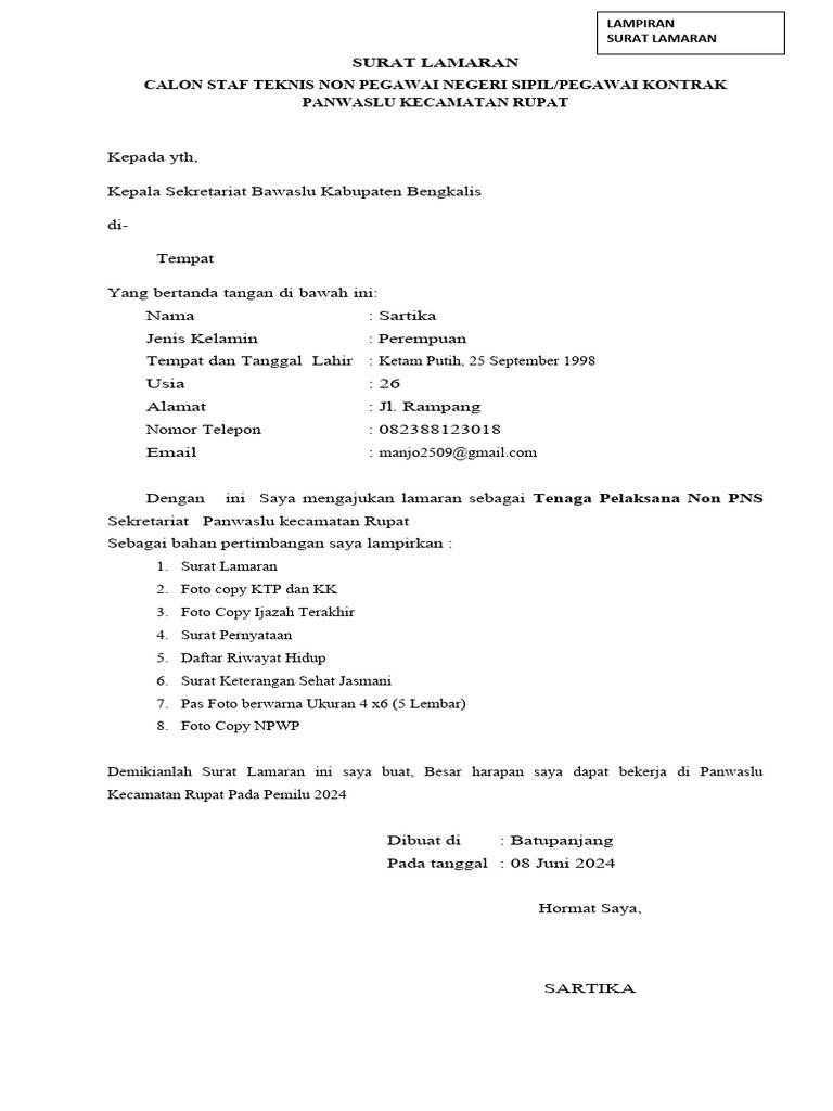 Surat Lamaran (Panwas Pilkada 2024) | PDF