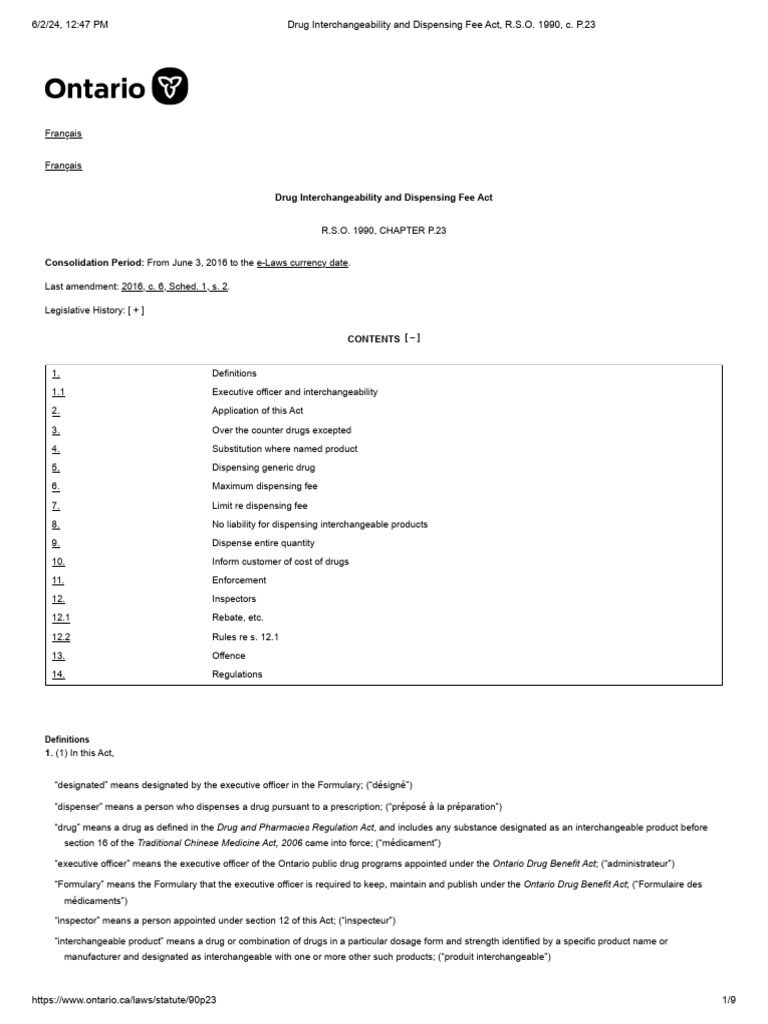 Drug Interchangeability and Dispensing Fee Act, R.S.O. 1990, C. P.23 ...