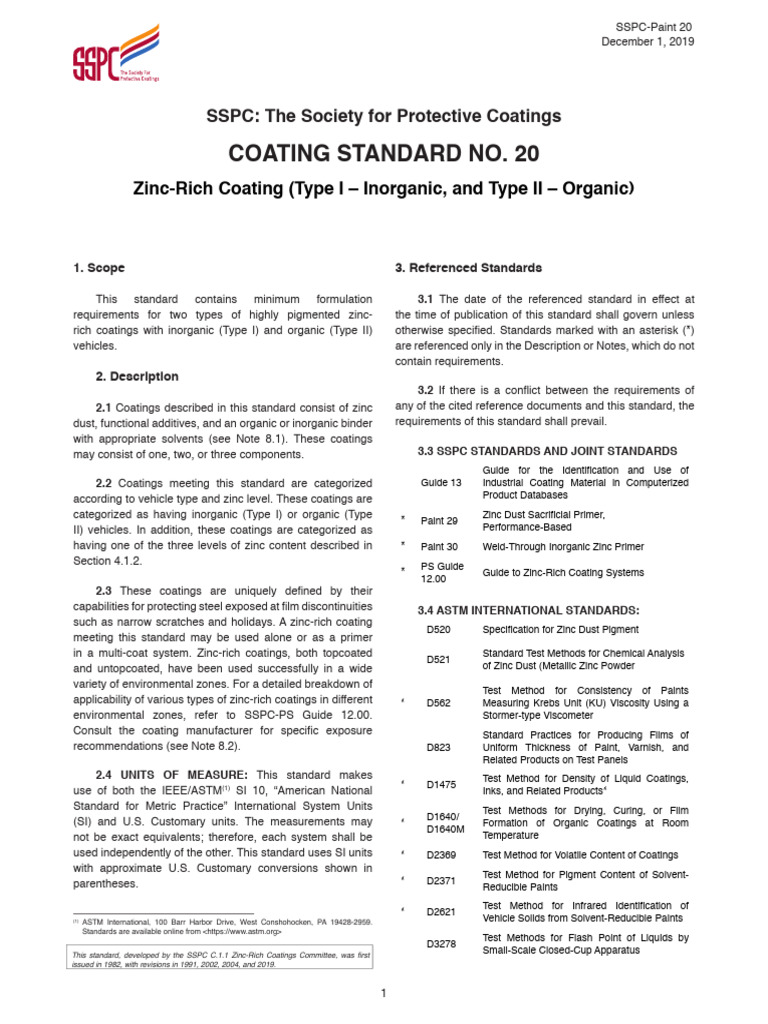 SSPC Paint 20-2019 Zinc Rich Coating | Download Free PDF | Paint | Coating