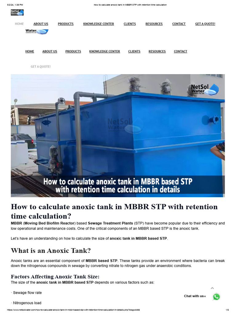 How To Calculate Anoxic Tank in MBBR STP With Retention Time Calculation | PDF | Sewage ...