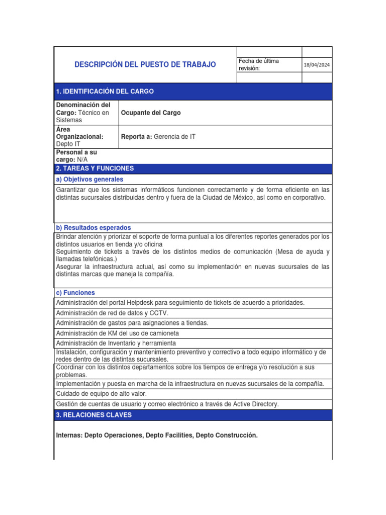 Descripción de puesto Técnico IT | Descargar gratis PDF | Soporte ...