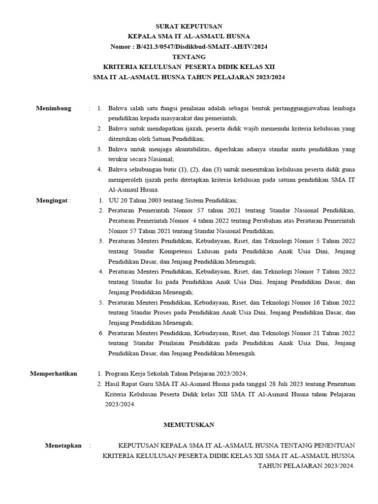 Draft SK Kriteria Kelulusan Dan Daftar Nama Siswa Lulus | PDF