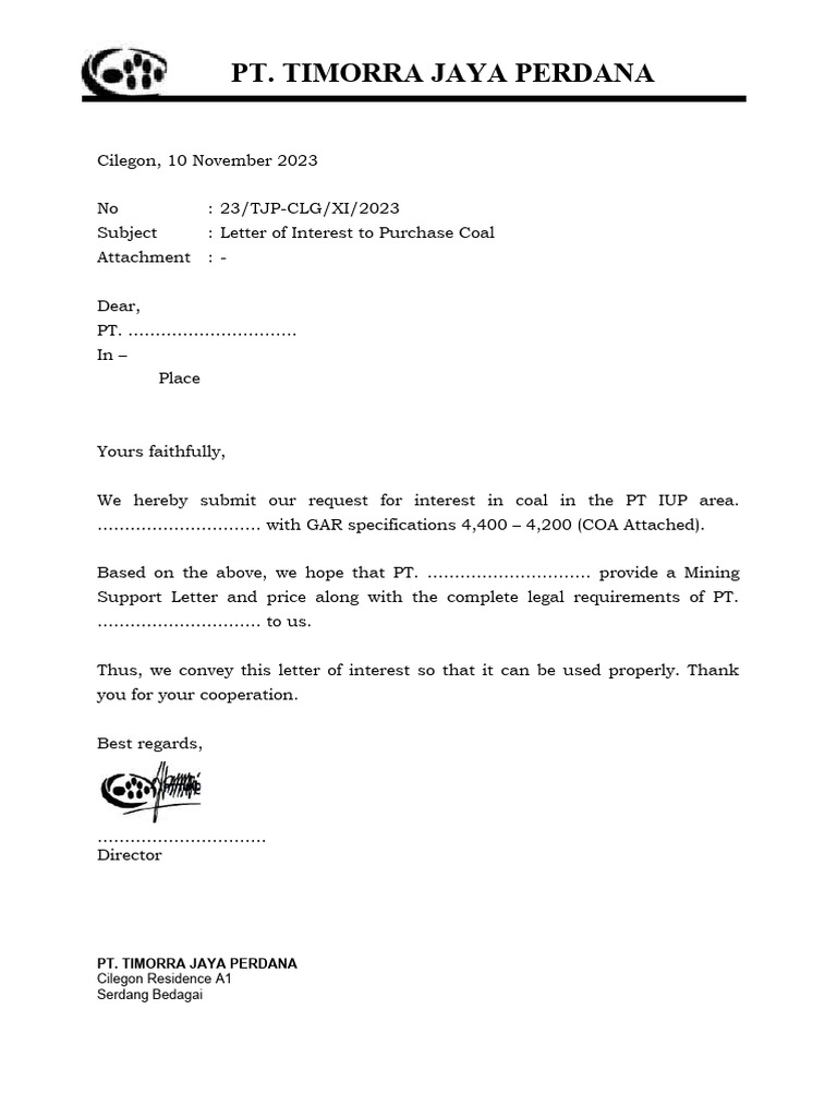 Surat Minat Pembelian Batubara - PT. TIMORRA JAYA PERDANA - BAHASA ...