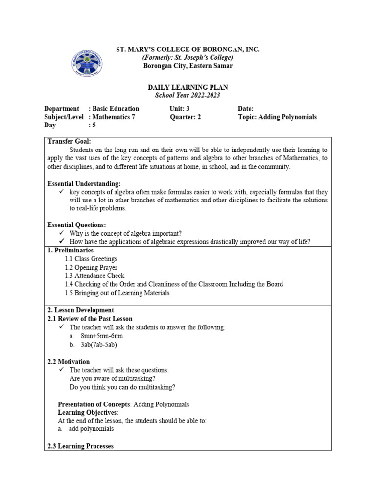 LP Day 5 Adding Polynomials | PDF | Mathematics | Algebra