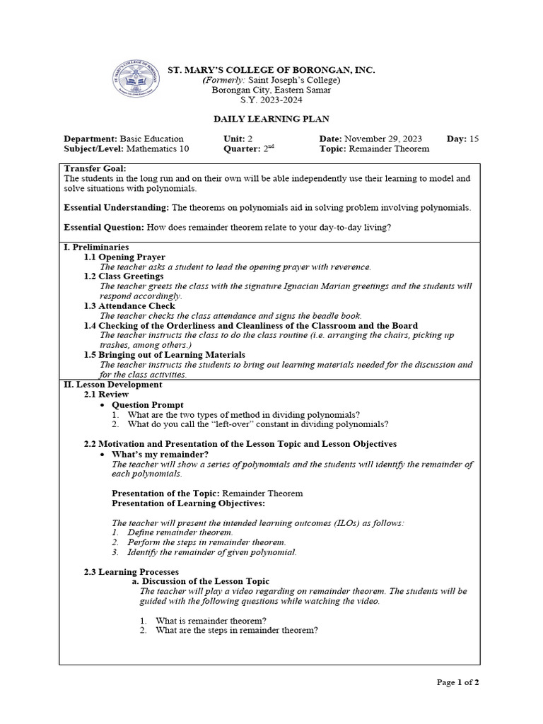 Math G10 Q2 Learning Plan 1.1 | PDF | Teachers | Learning