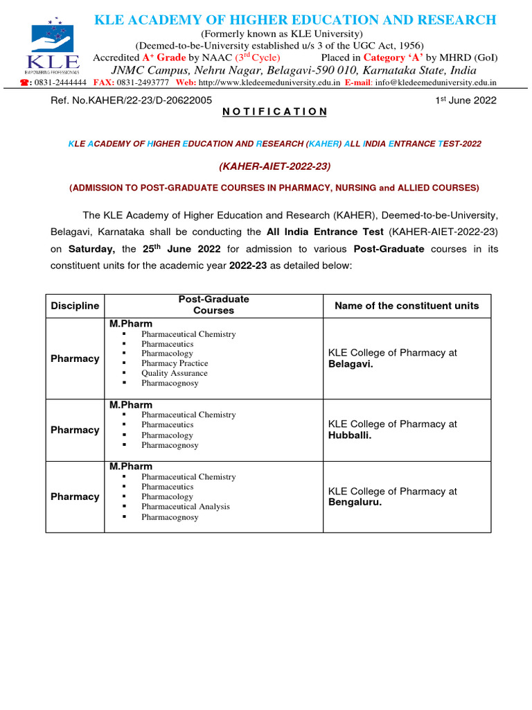 Notification AIET 2022 Exam PG | PDF | Nursing | Medical School
