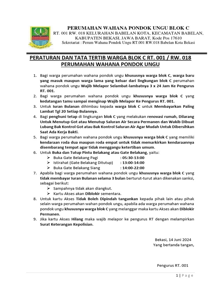 Peraturan Dan Tata Tertib Warga Blok C Wpu | PDF