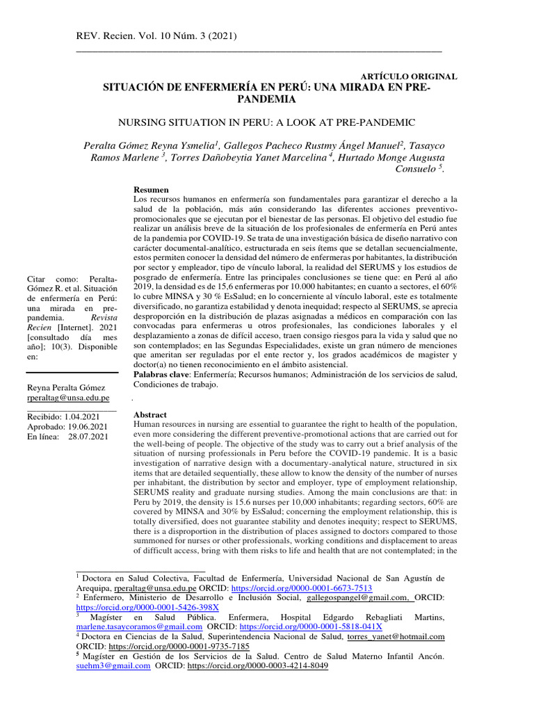 Situación de Enfermería en Perú - Una Mirada en Pre - Pandemia | PDF | Enfermería | Gestión de ...