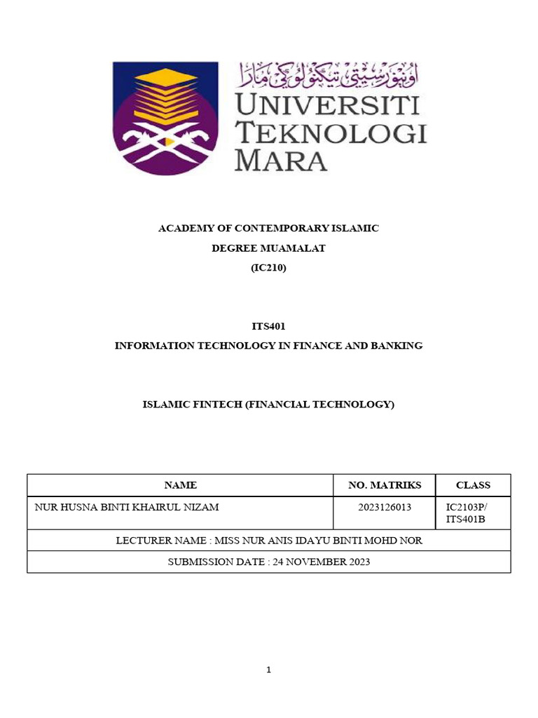 Individual Assignment Its401 Nur Arfah Sofiyah BT Mustafa Kamal | PDF | Islamic Banking And ...